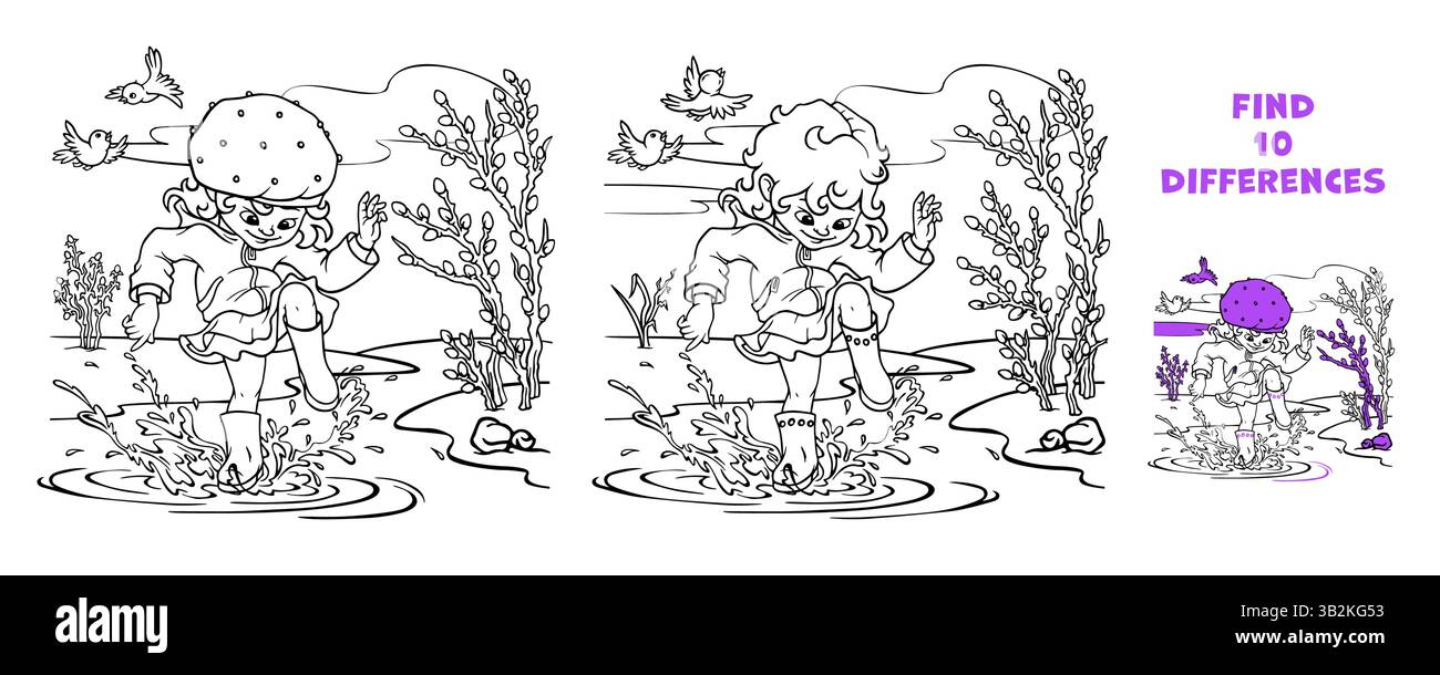 Matching game with girl jumping in puddle after rain. Find the ...