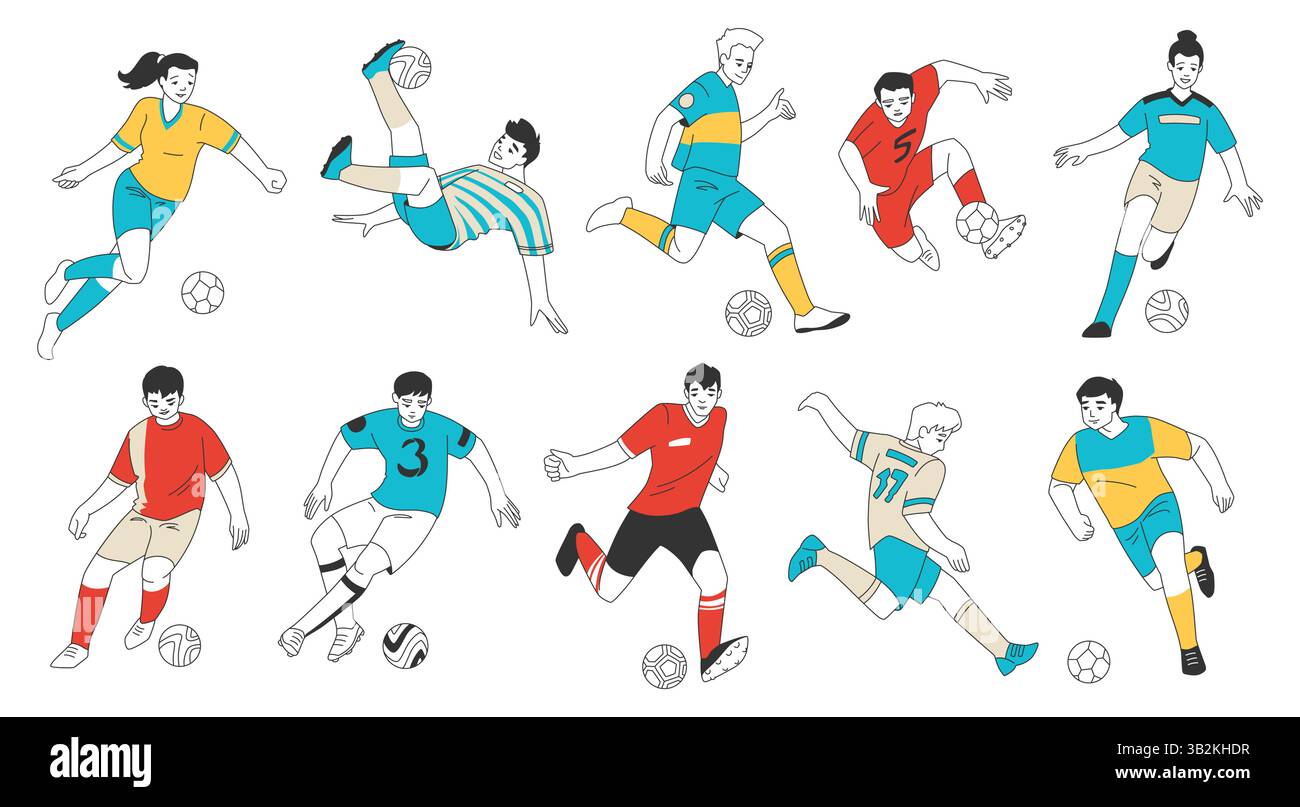 Soccer players. Football team, play character poses. Professional ...