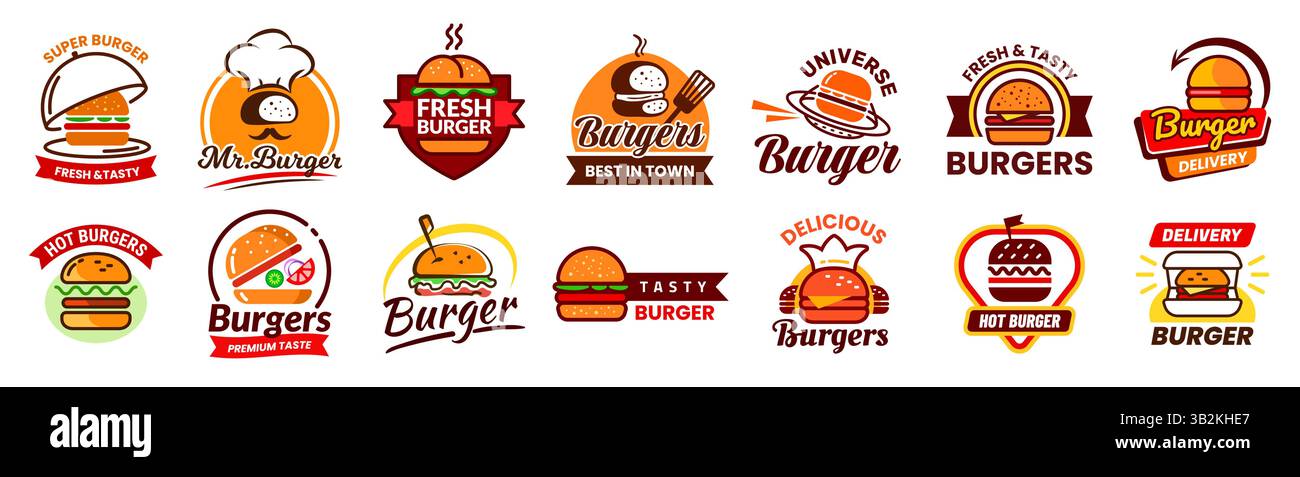 Burger logo. Hamburger logotype set. Fast food emblem. Cheeseburger ...