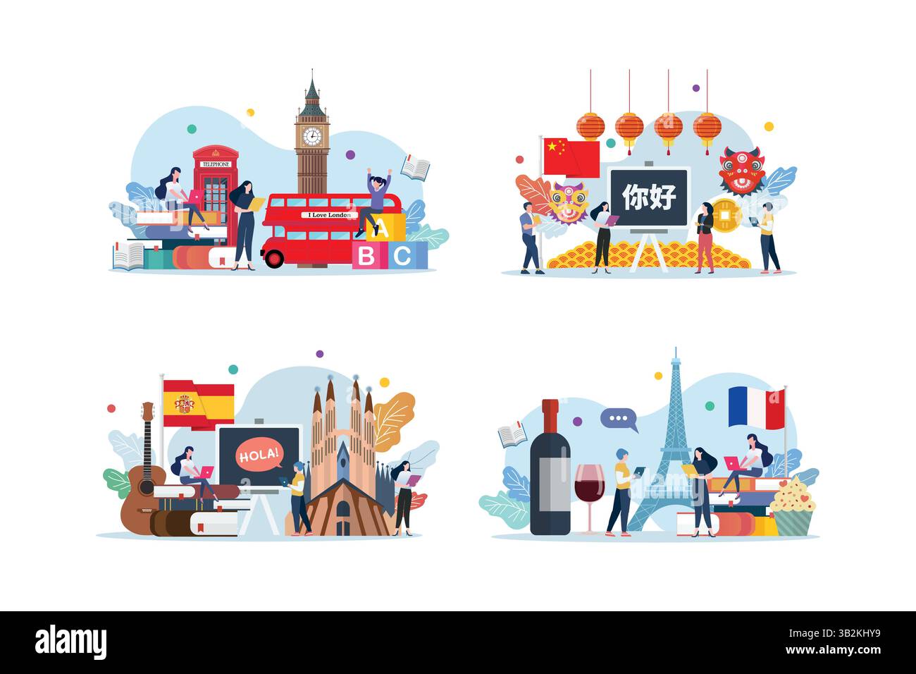 Set of people study studying foreign language. Various school language ...