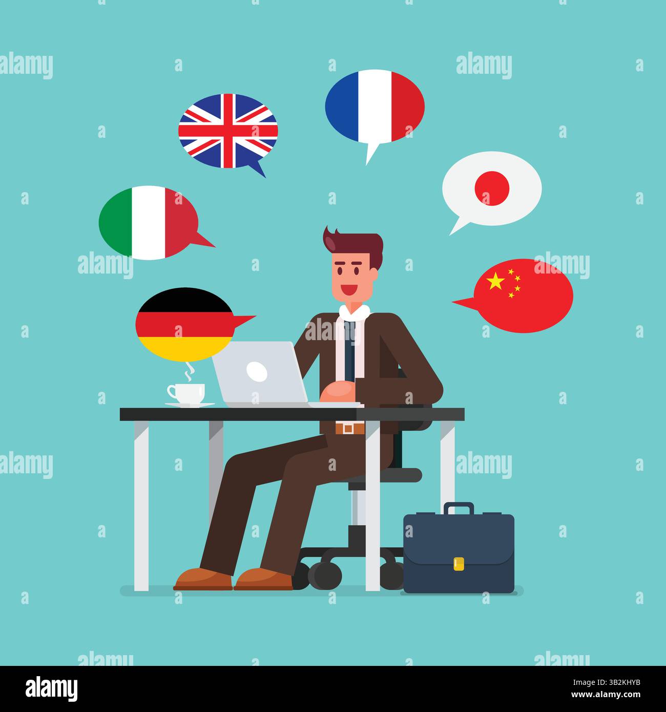 Business man working on a laptop speaking many different languages. Multi language translator ...
