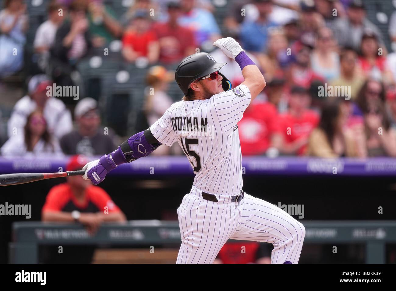 Colorado Rockies catcher Hunter Goodman (15) in the sixth inning of a ...