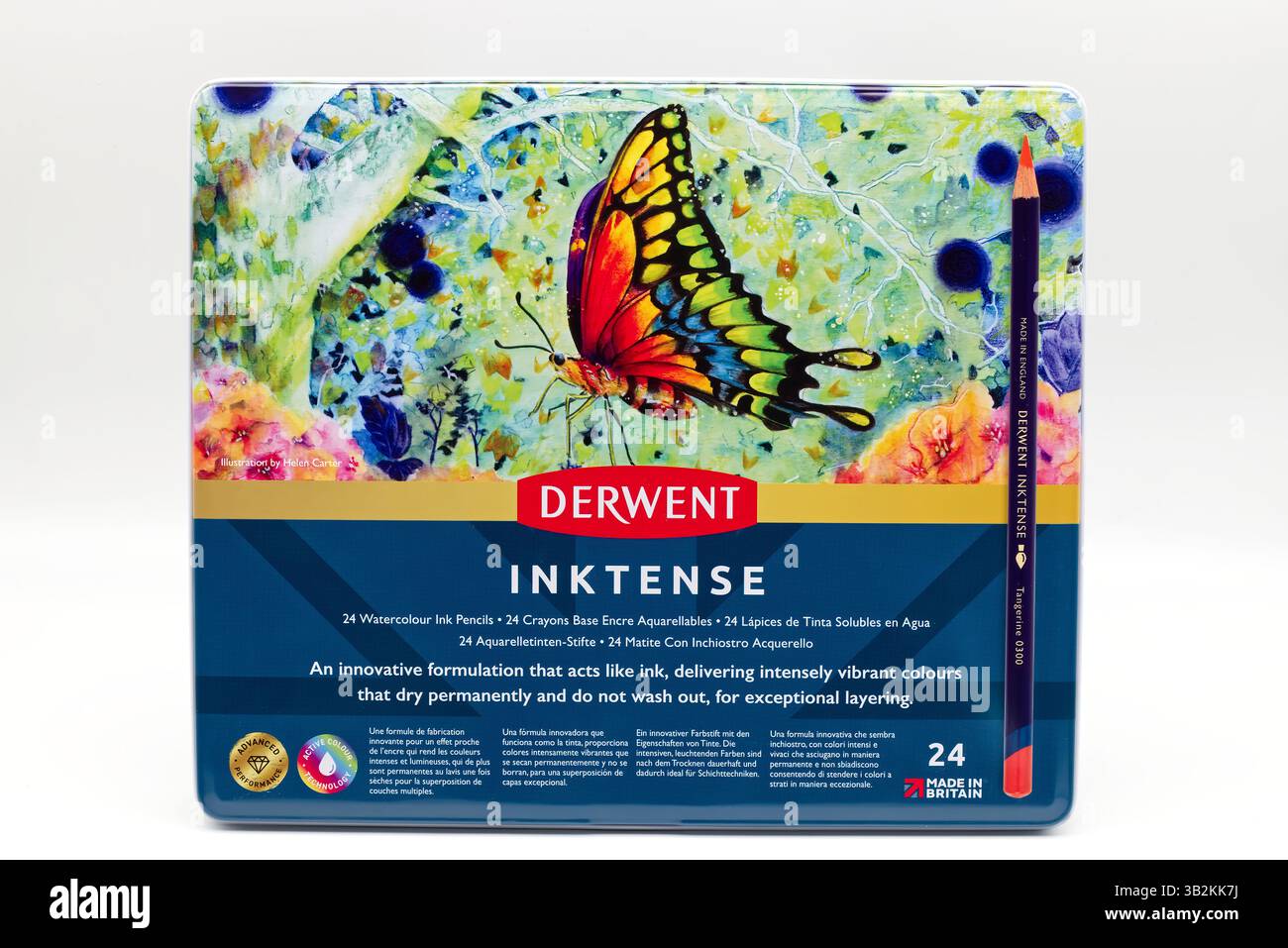 Derwent InkTense 24 Watercolor Pencils in a metal tin isolated on white background Stock Photo ...