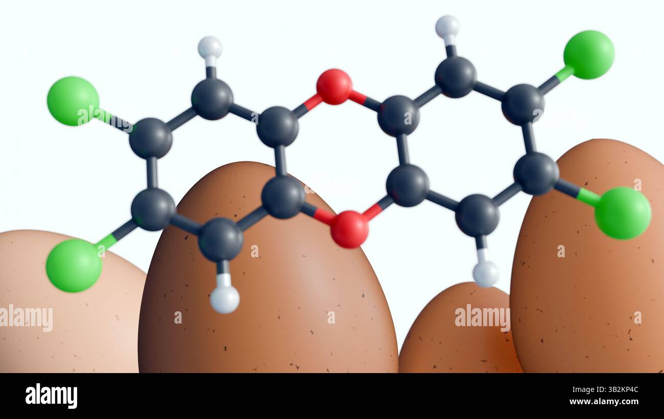 a 3D rendering of molecular model of dioxin and egg. The potential ...