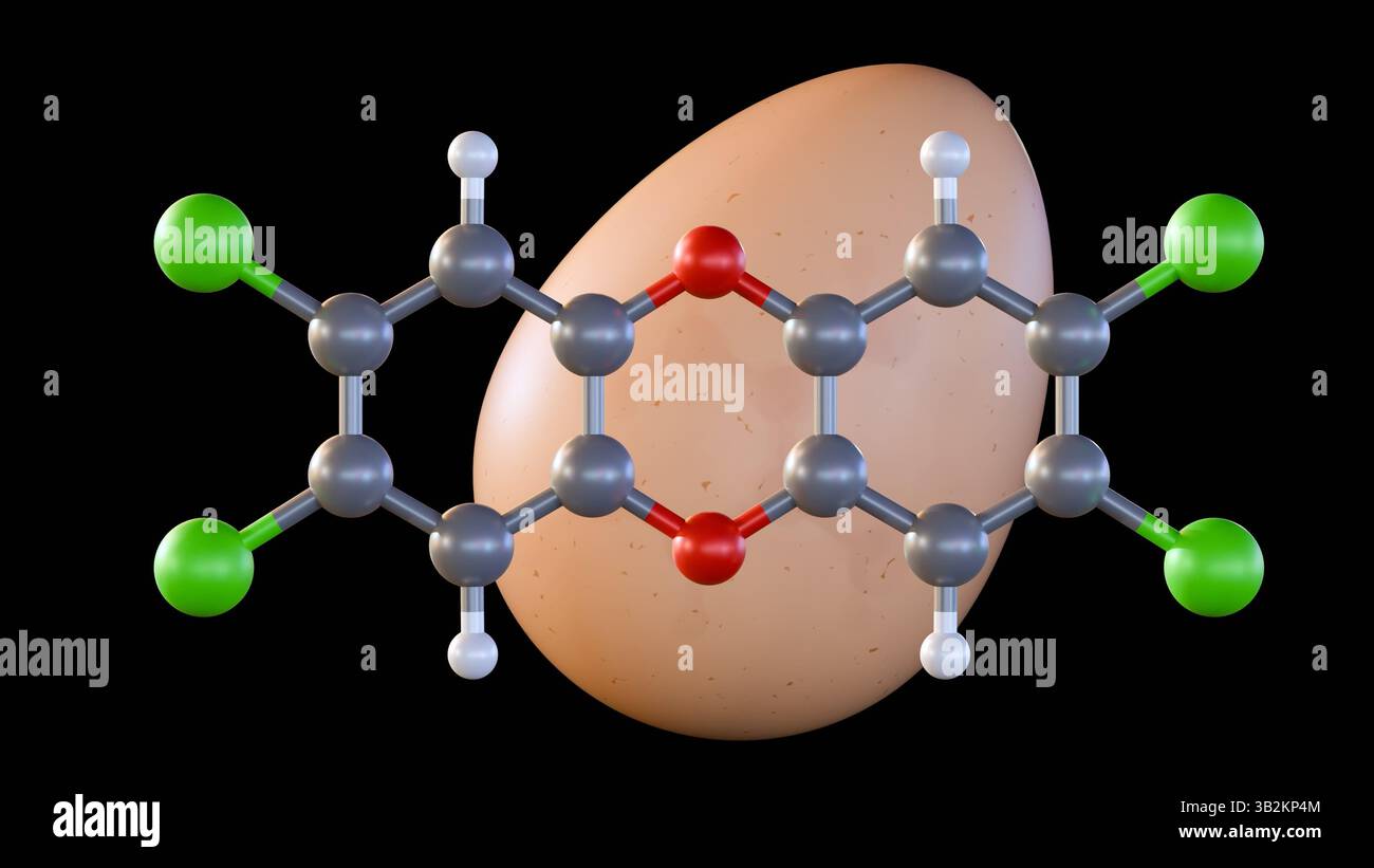 a 3D rendering of molecular model of dioxin and egg. The potential ...