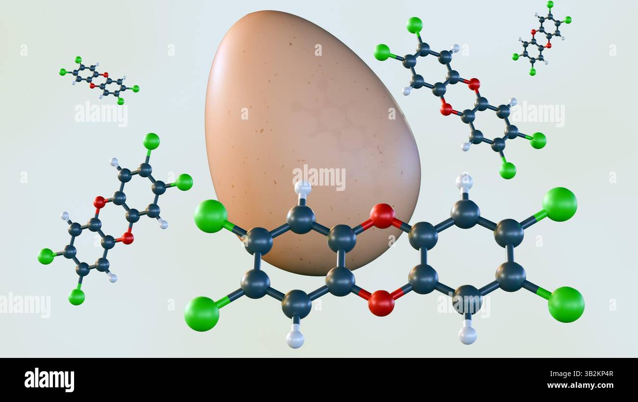 a 3D rendering of molecular model of dioxin and egg. The potential ...