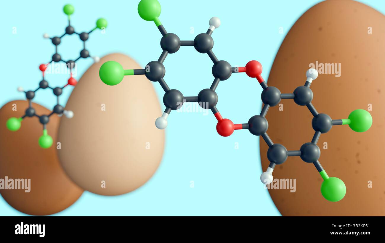 a 3D rendering of molecular model of dioxin and egg. The potential contamination of food sources ...