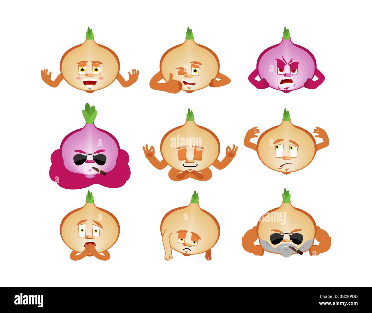 Onion Emoji set. Bulb Onion Happy and sad. Angry and strong Stock ...