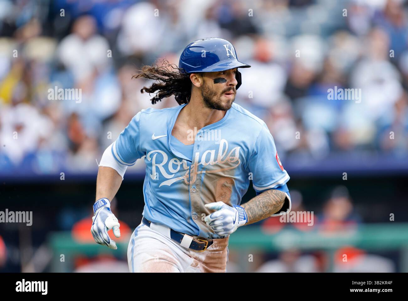 Kansas City Royals' Jonathan India singles during a baseball game in ...