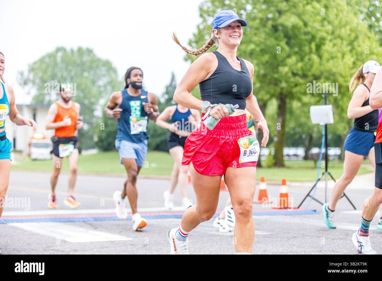 Runners cross the 5K mark during the 25th annual Oklahoma City Memorial Marathon in Oklahoma ...