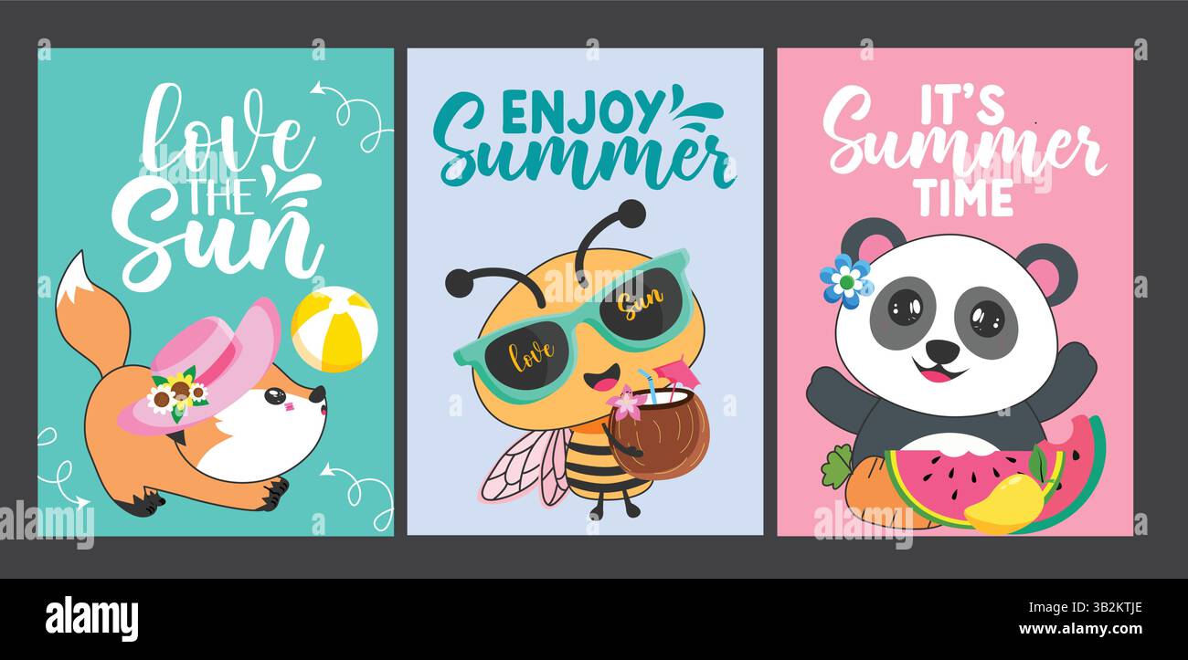 Summer time greeting clipart poster set design. Summer text with animal character clip art like ...