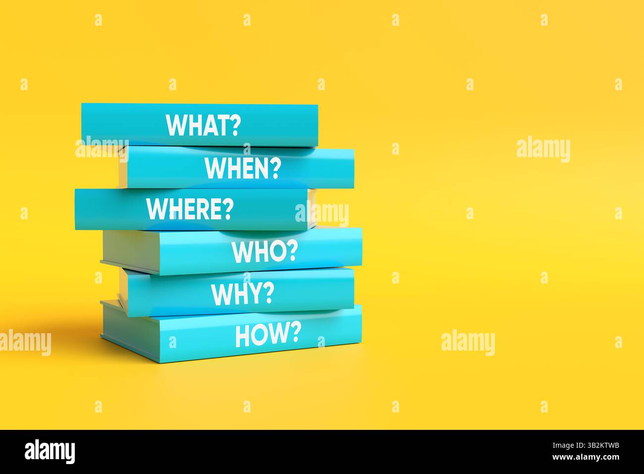 The 5 Ws concept. Books with the questions what, when, where, who, why ...