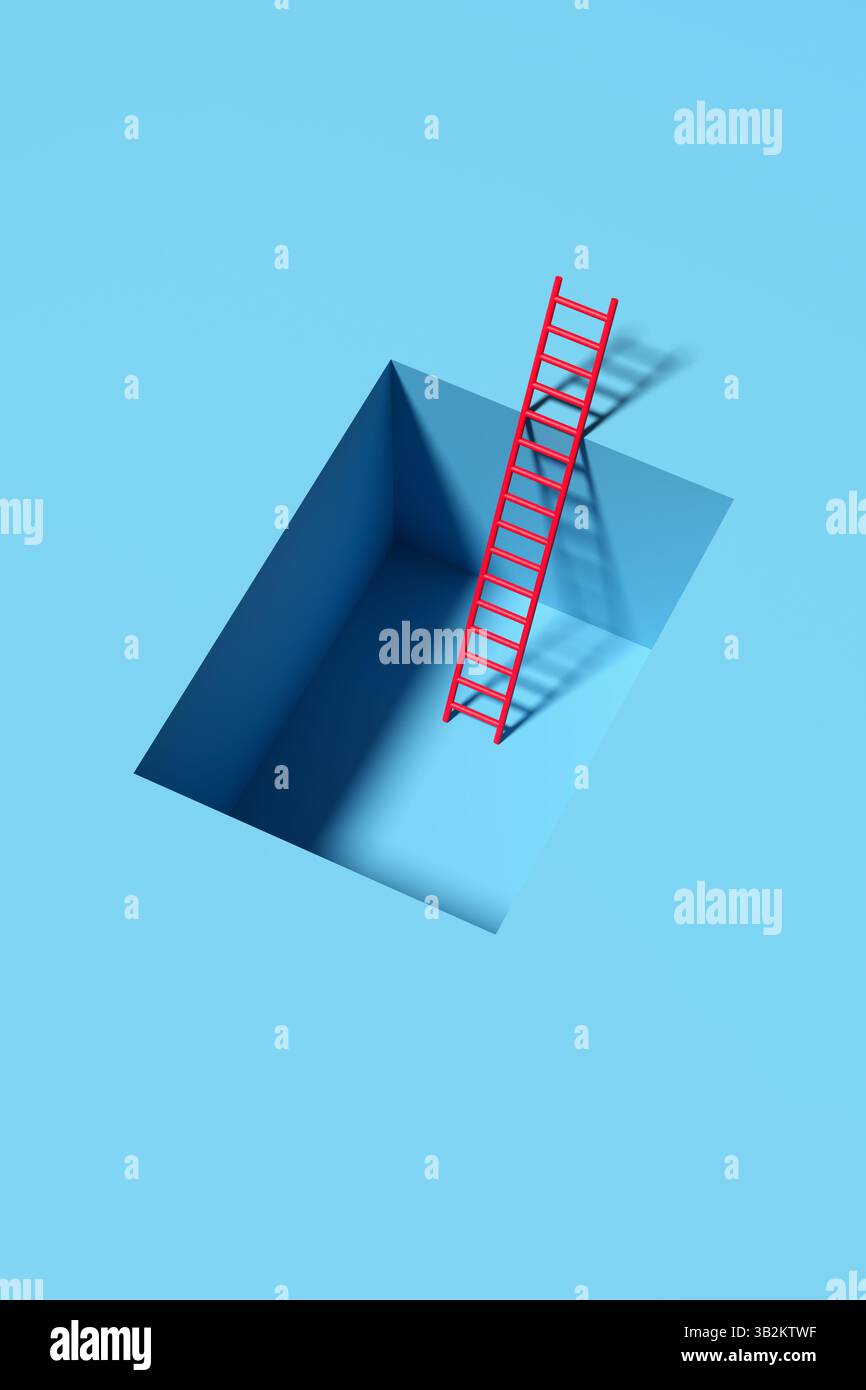 Red ladder descending into square hole in blue wall, symbolizing escape ...