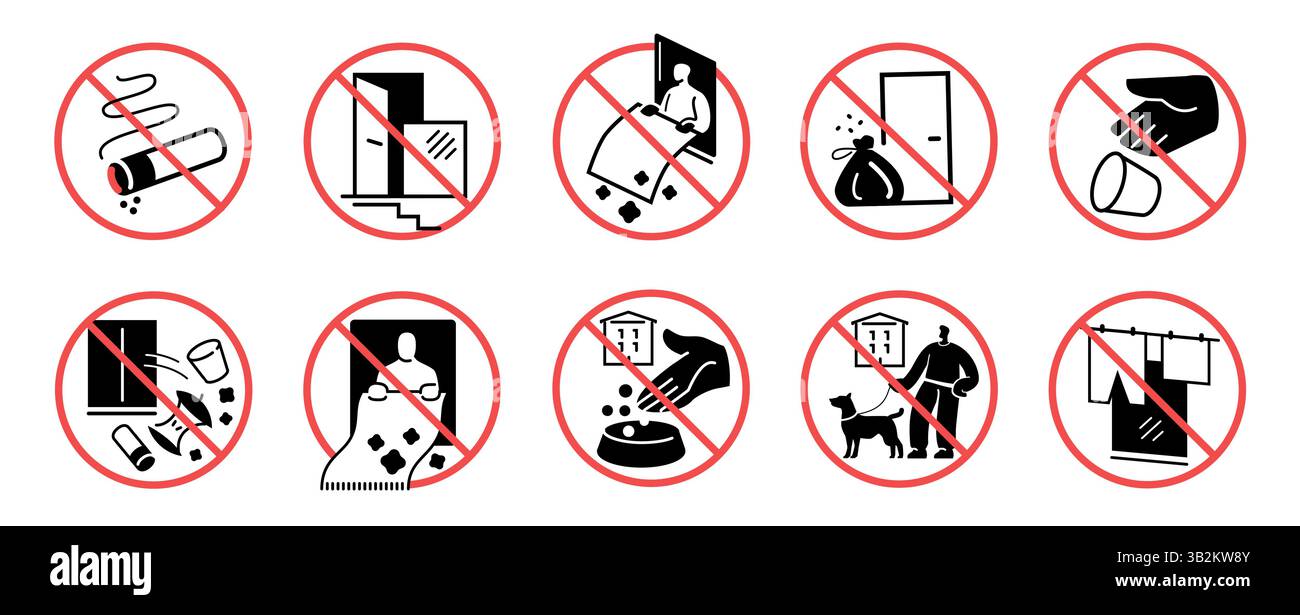 Prohibitory signs set warning about prohibition of various actions ...