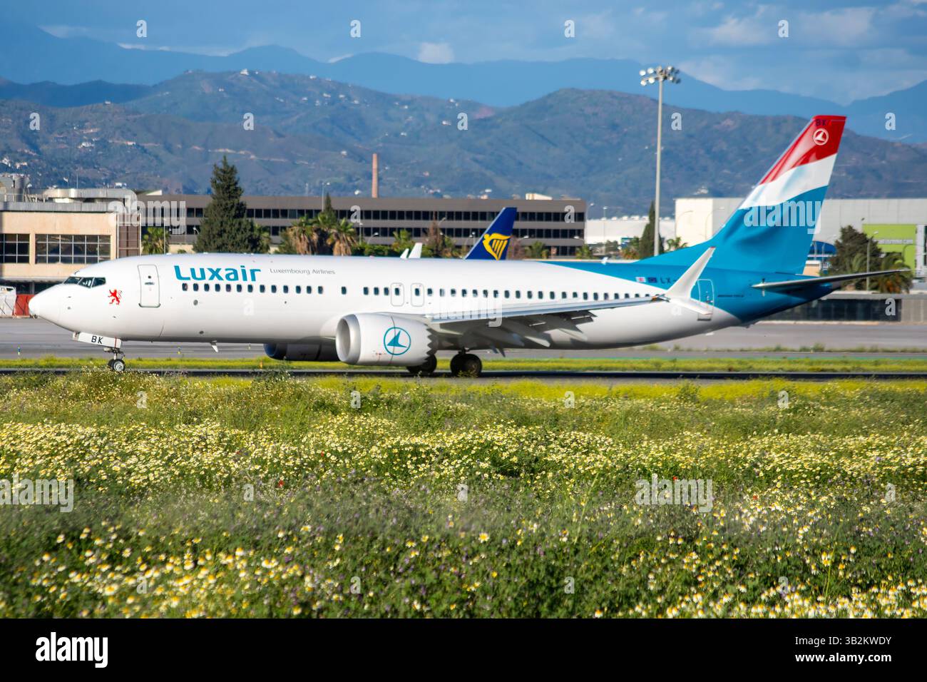 A modern, state-of-the-art Boeing 737 MAX airliner from Luxair, landing ...