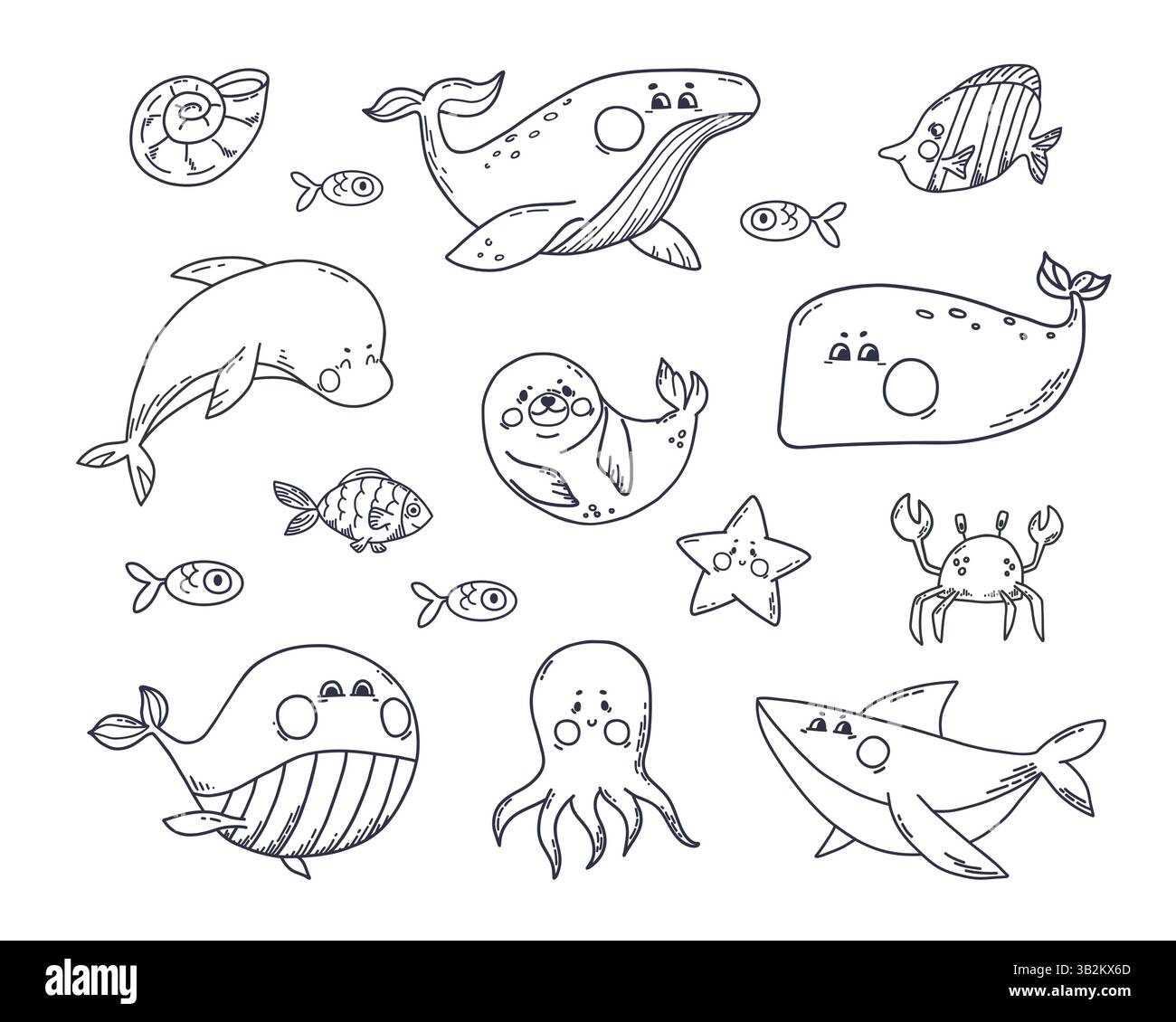 Ocean aquatic animals set in doodle style. Underwater mammals different ...