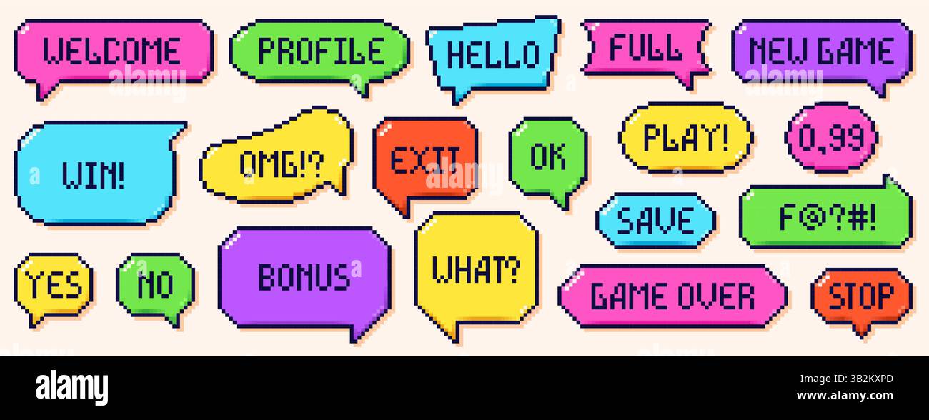 Pixel art color dialogue boxes with different text. Speech bubbles drawn in 8 bit Y2k style ...