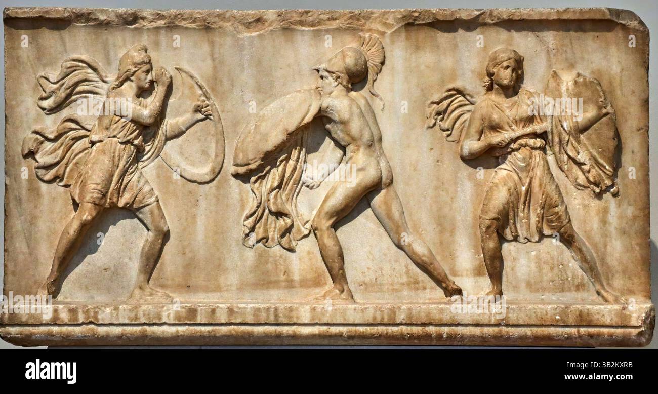 7561. Greek relief depicting fighting Amazons, a mythological battle ...