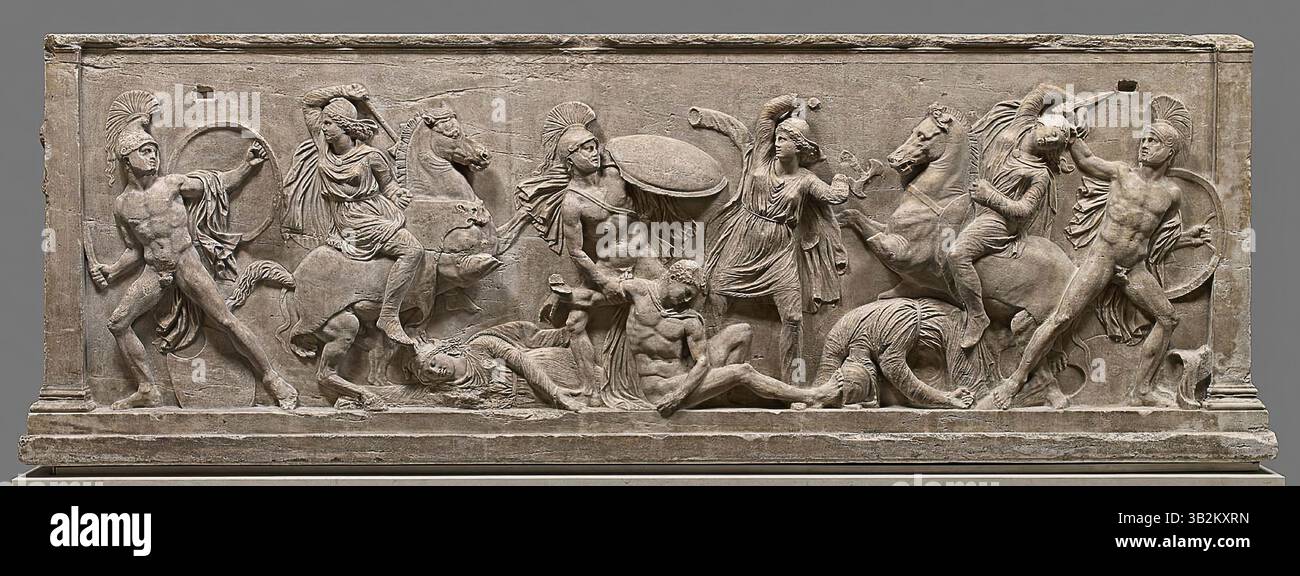 7561. Greek relief depicting fighting Amazons, a mythological battle between the ancient Greeks ...