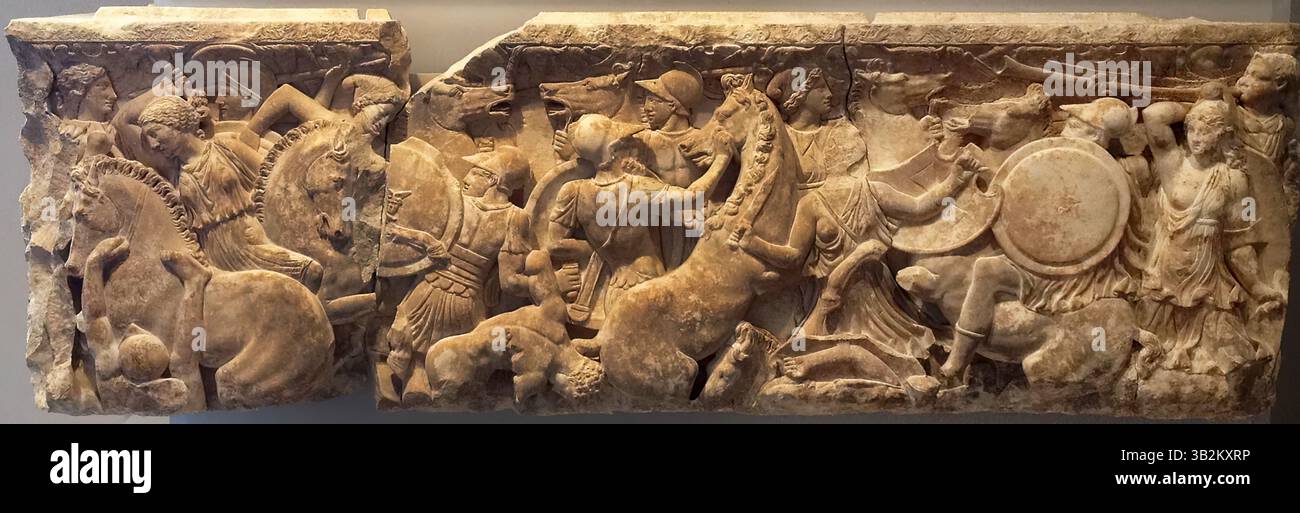 7561. Greek relief depicting fighting Amazons, a mythological battle ...
