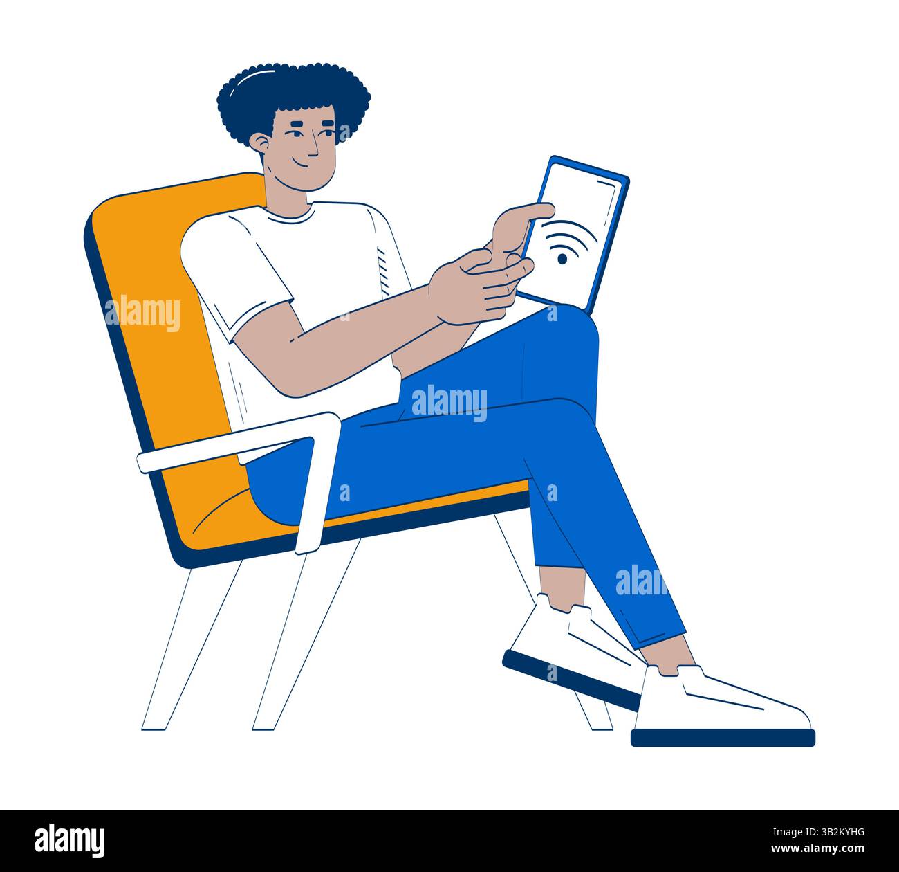Latino man controlling smart devices via tablet 2D doodle character ...