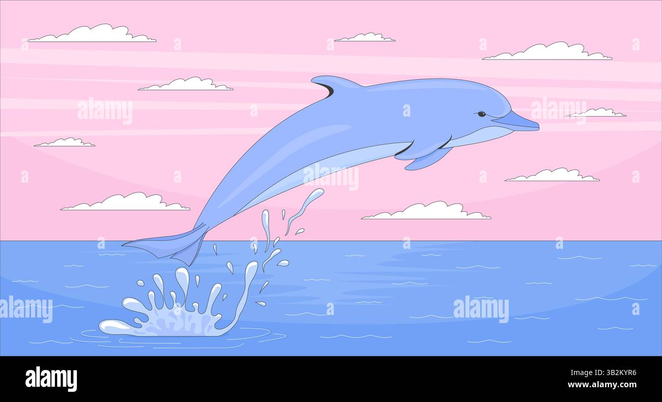 Dolphin jumping at sunset ocean flat illustration Stock Vector Image ...