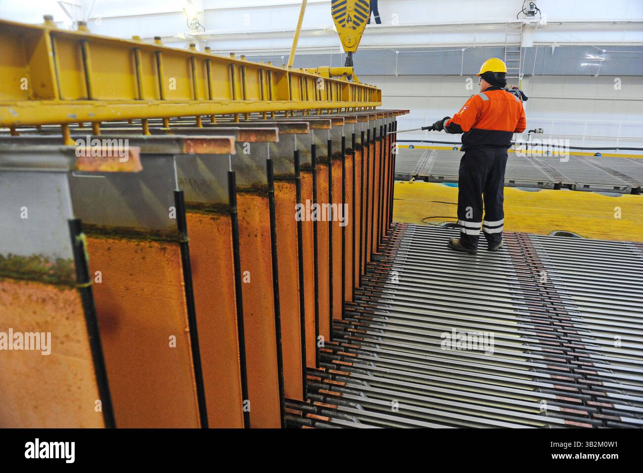 A worker washes plates with cathode copper at an industrial plant Stock ...