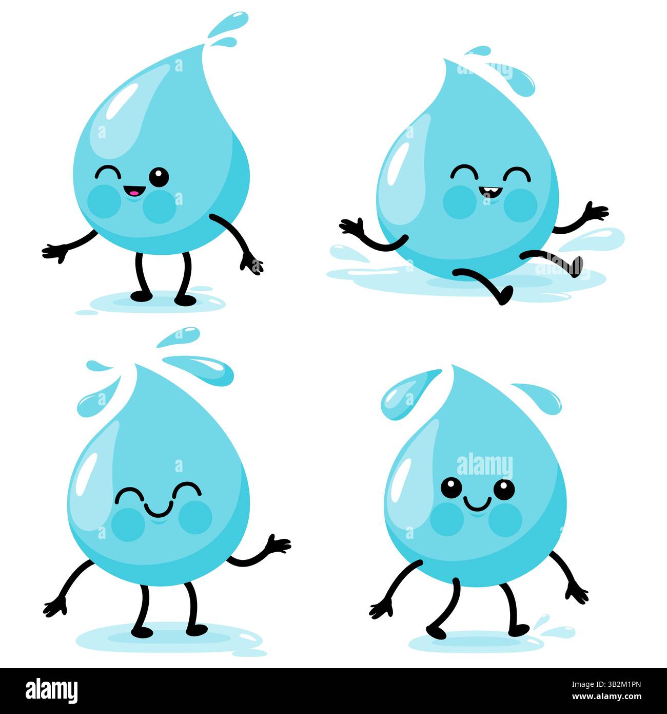 Cartoon water drop characters. Rain droplet, cute blue liquid drink ...