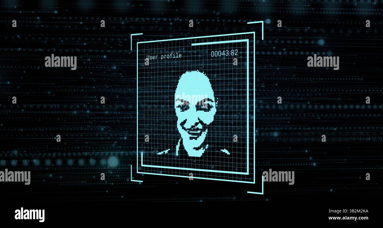 Displaying cyan-blue pixelated face scanning in digital interface, with ...
