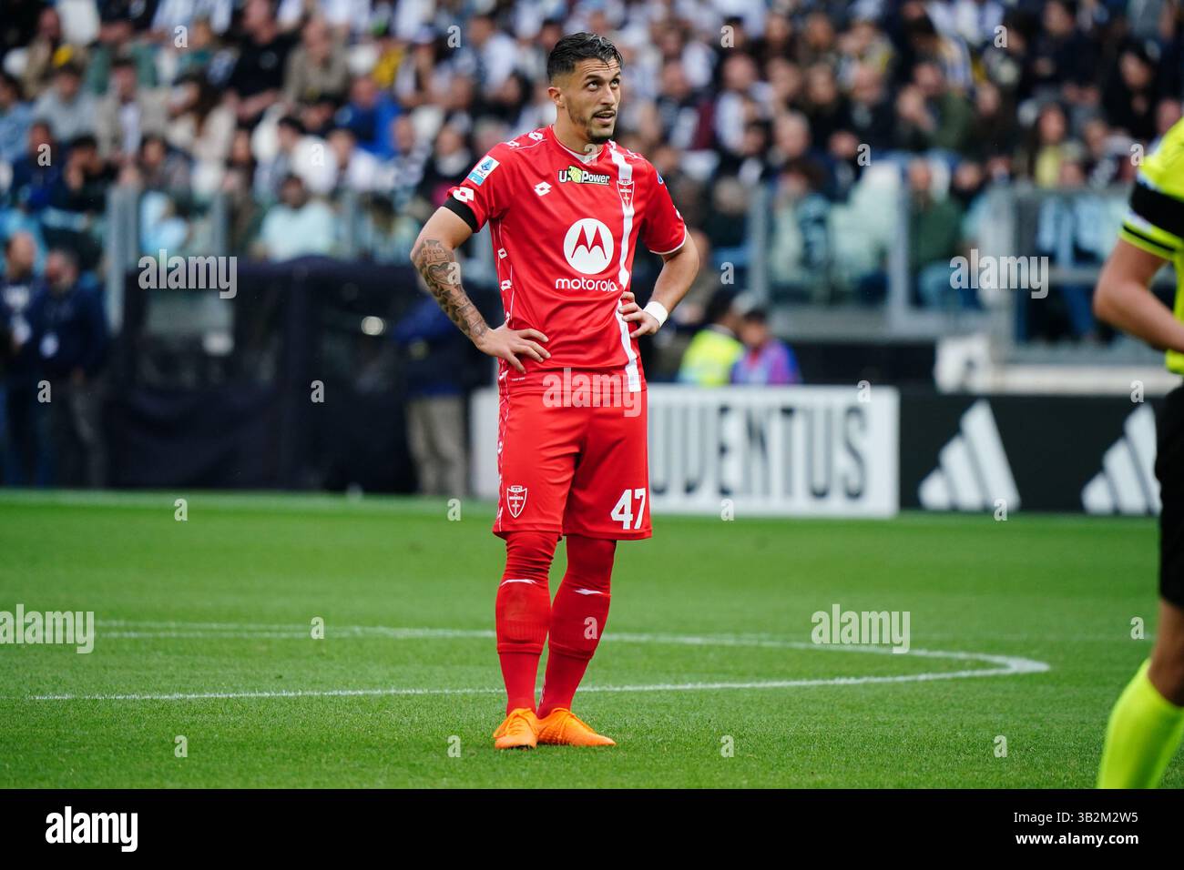 Turin, Italy. 27 April, 2025. Dany Mota (AC Monza) looks up during the ...