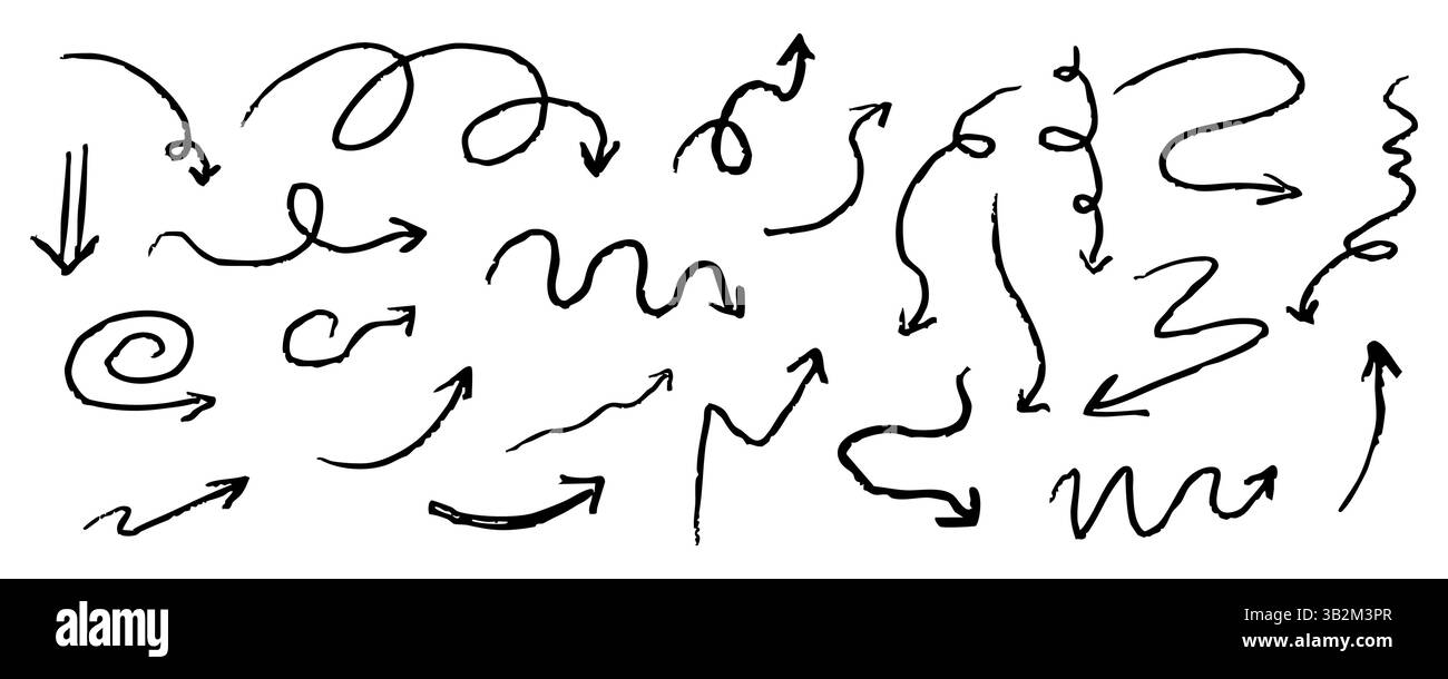 Arrow crayon chalk hand drawn doodle grunge line set. Cursor scribble ...