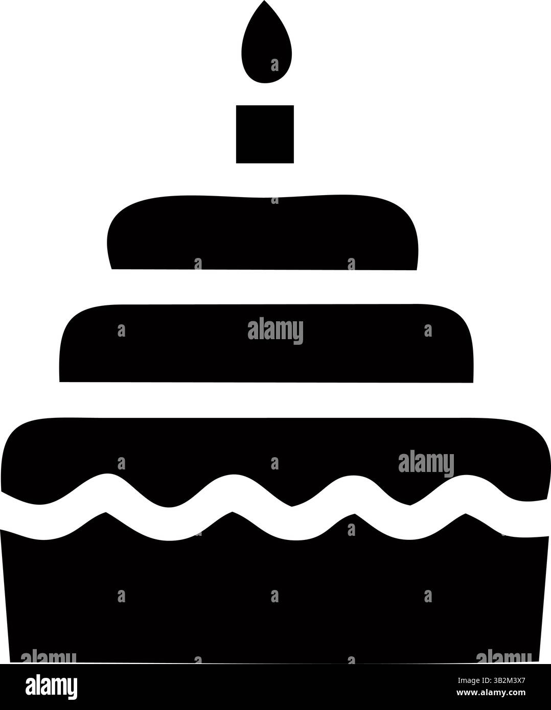 A solid black silhouette of a layered birthday cake with a lit candle ...