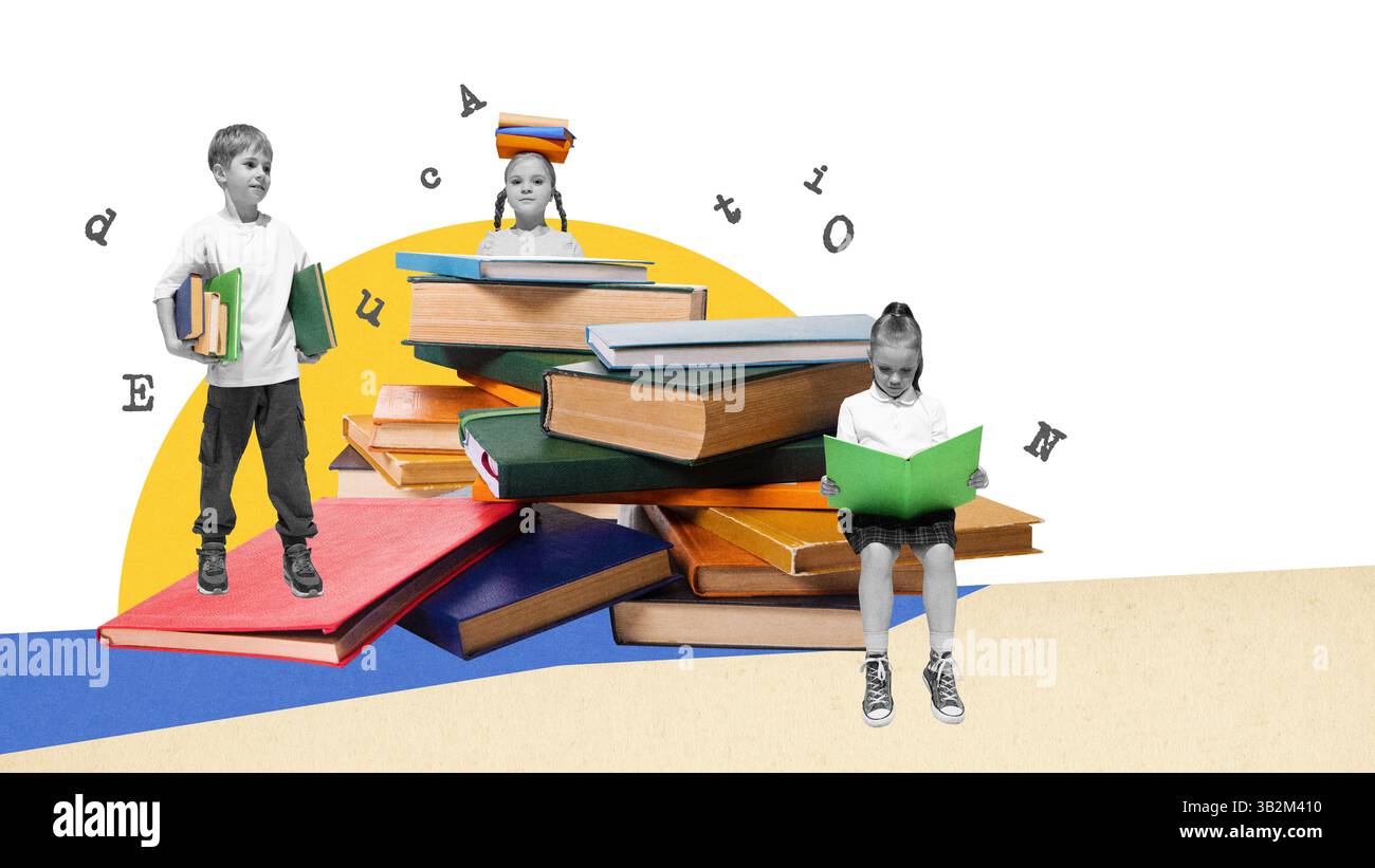 Elementary school children standing near pile of colorful books ...