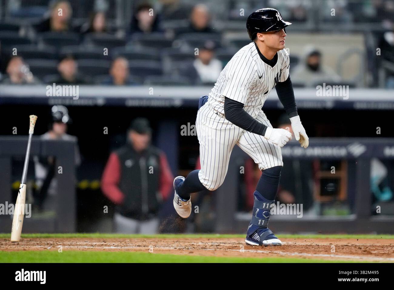 New York Yankees' Anthony Volpe runs to first base during a baseball ...
