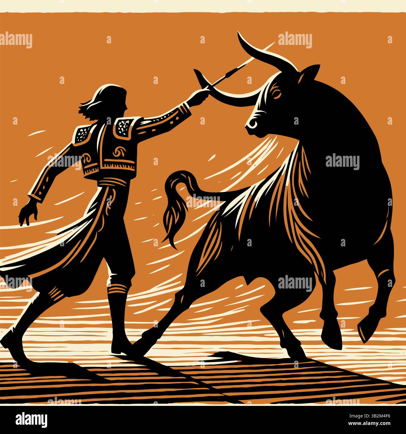 Matador Confronting Charging Bull in Traditional Corrida. Stylized ...