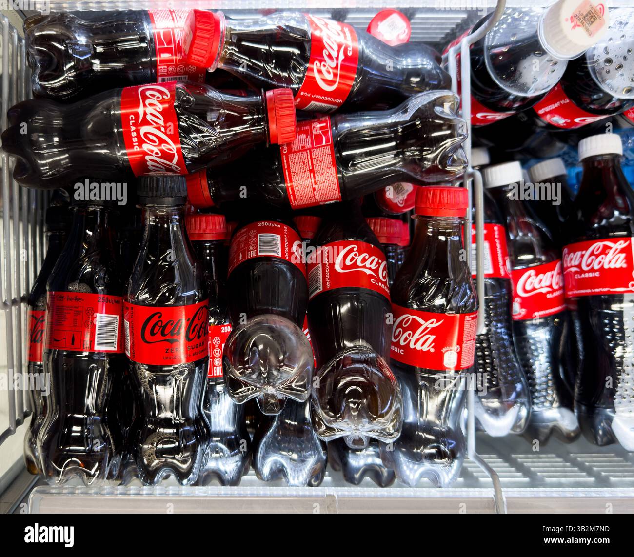 Yerevan, Armenia, May 26, 2023: Freezer in supermarket stacked with ...