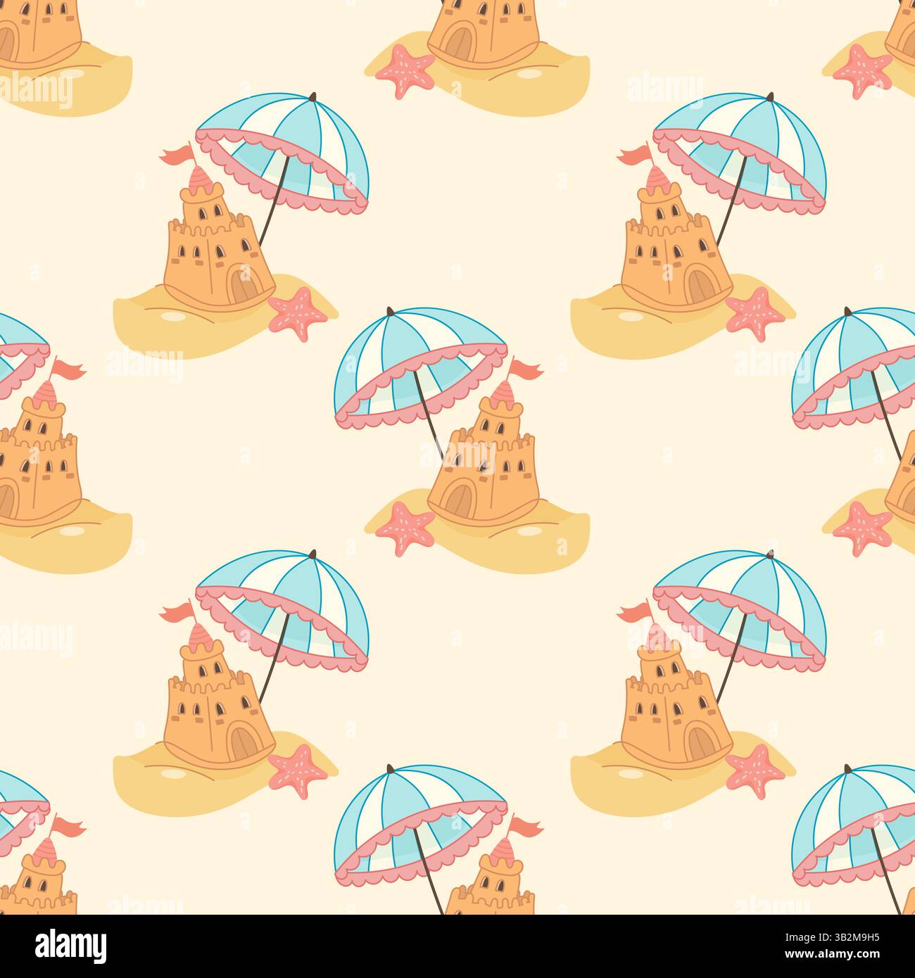 Cute vector pattern featuring sandcastles, beach umbrellas, and ...