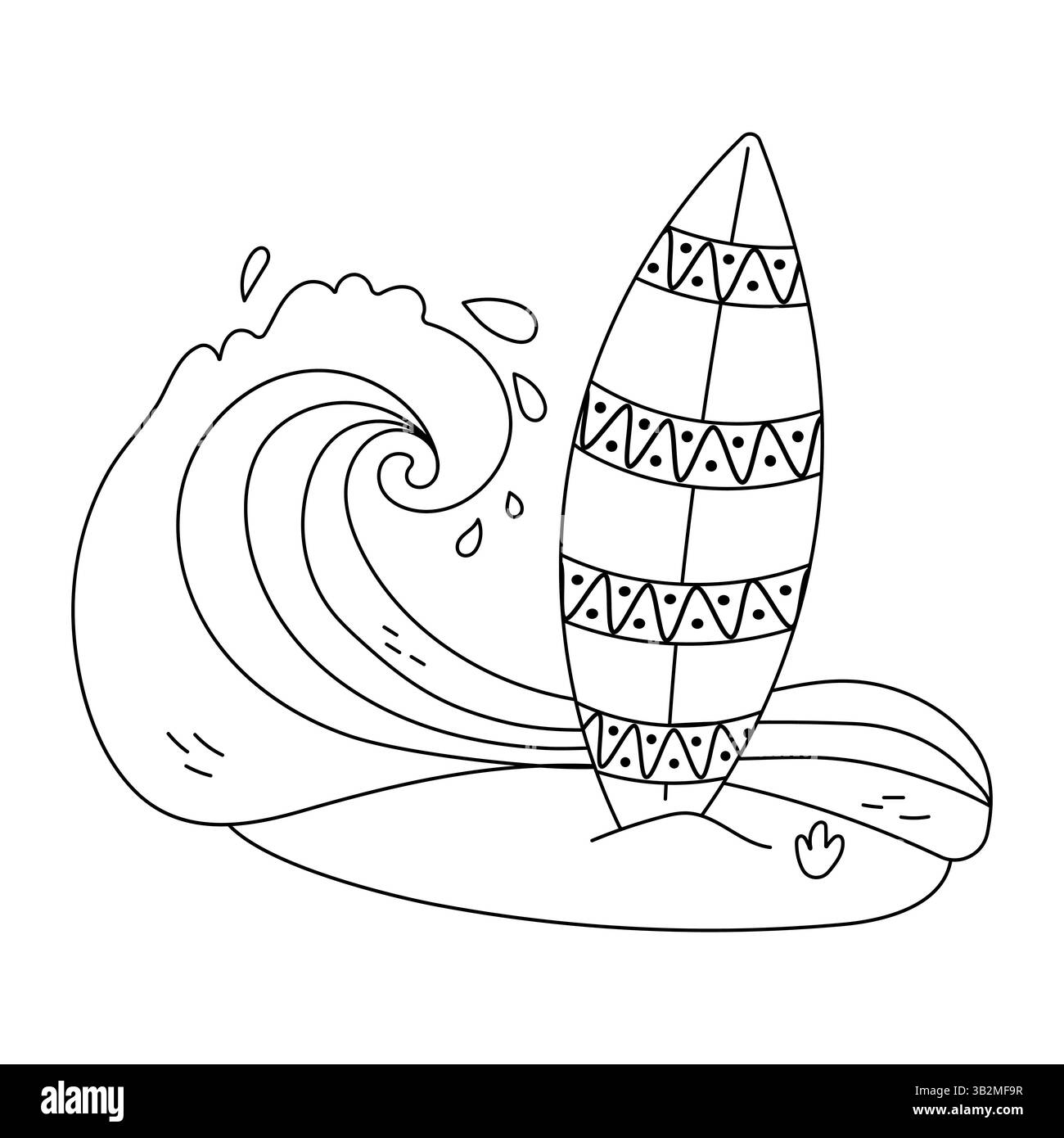 Minimalistic black and white vector illustration of surfboard and ocean ...