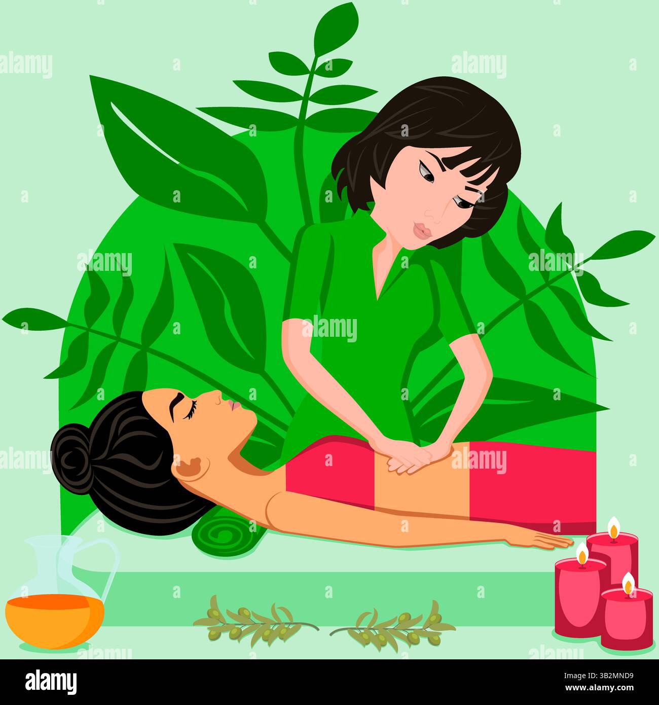 Abdominal massage. Therapy and treatment by professional therapist in SPA. Isolated flat vector ...