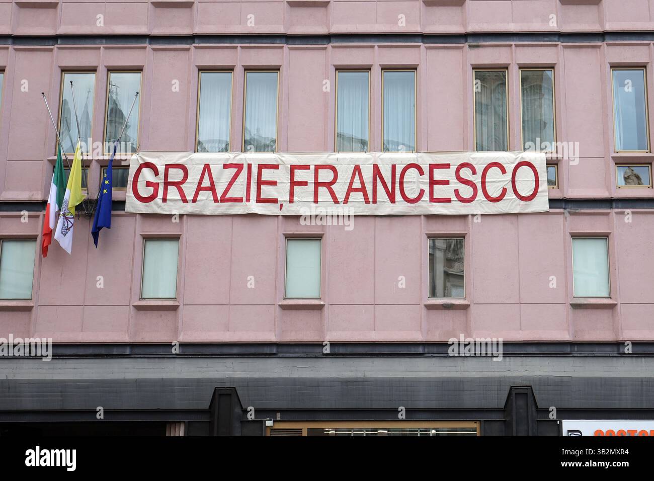 Rome, Italy April 28, 2025: A Thank You Francis banner in front of the ...
