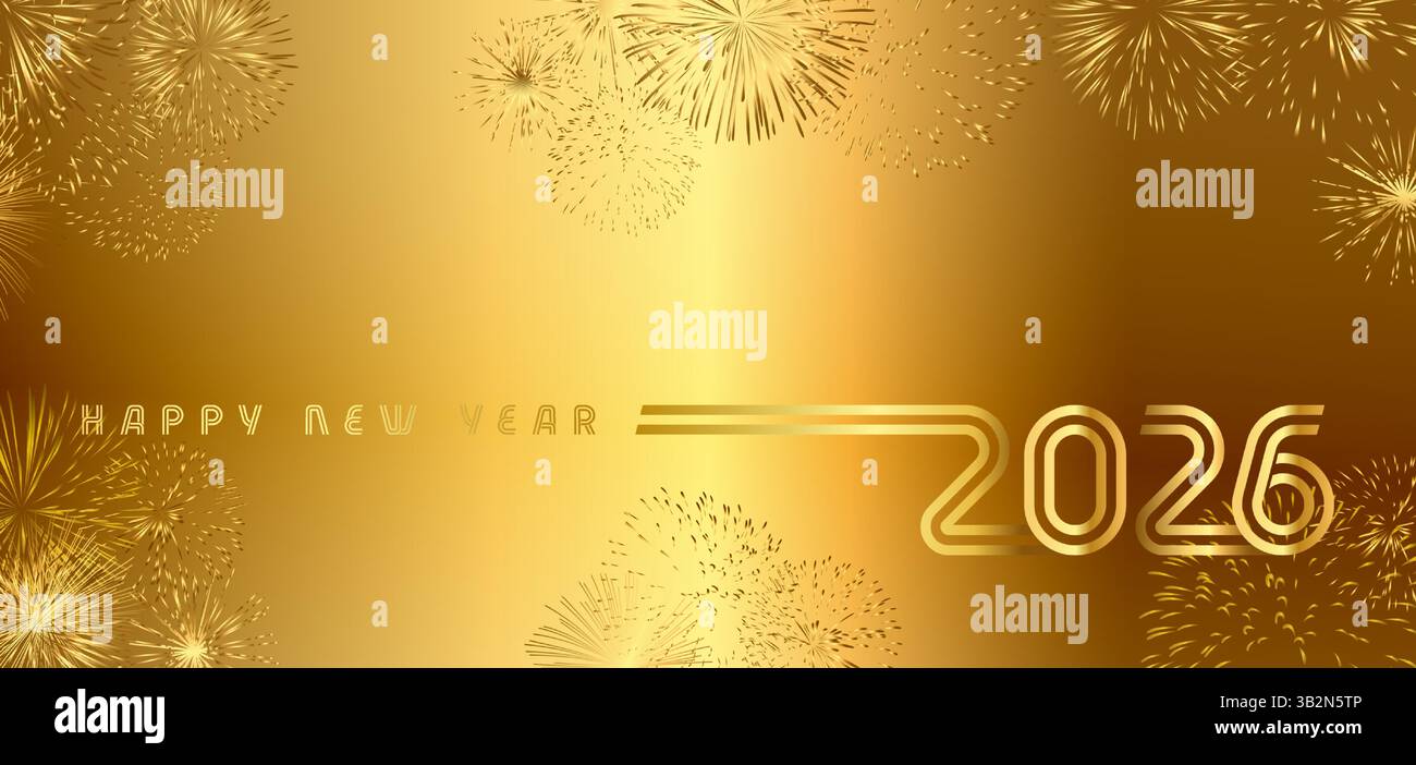Happy New Year 2026 gold color greeting card with realistic shiny fireworks and isolated ...
