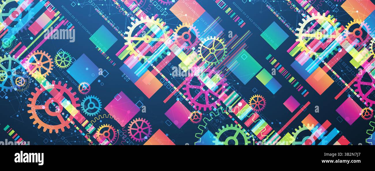 Abstract technological background with colored gears and multicolored rectangles and plexus ...