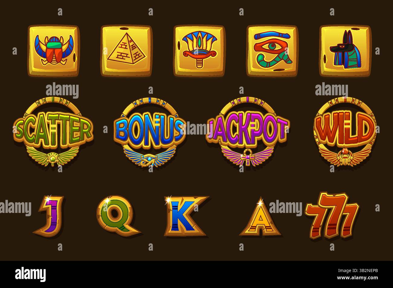Egypt golden slot symbols. Cartoon set of ancient Egyptian game icons ...