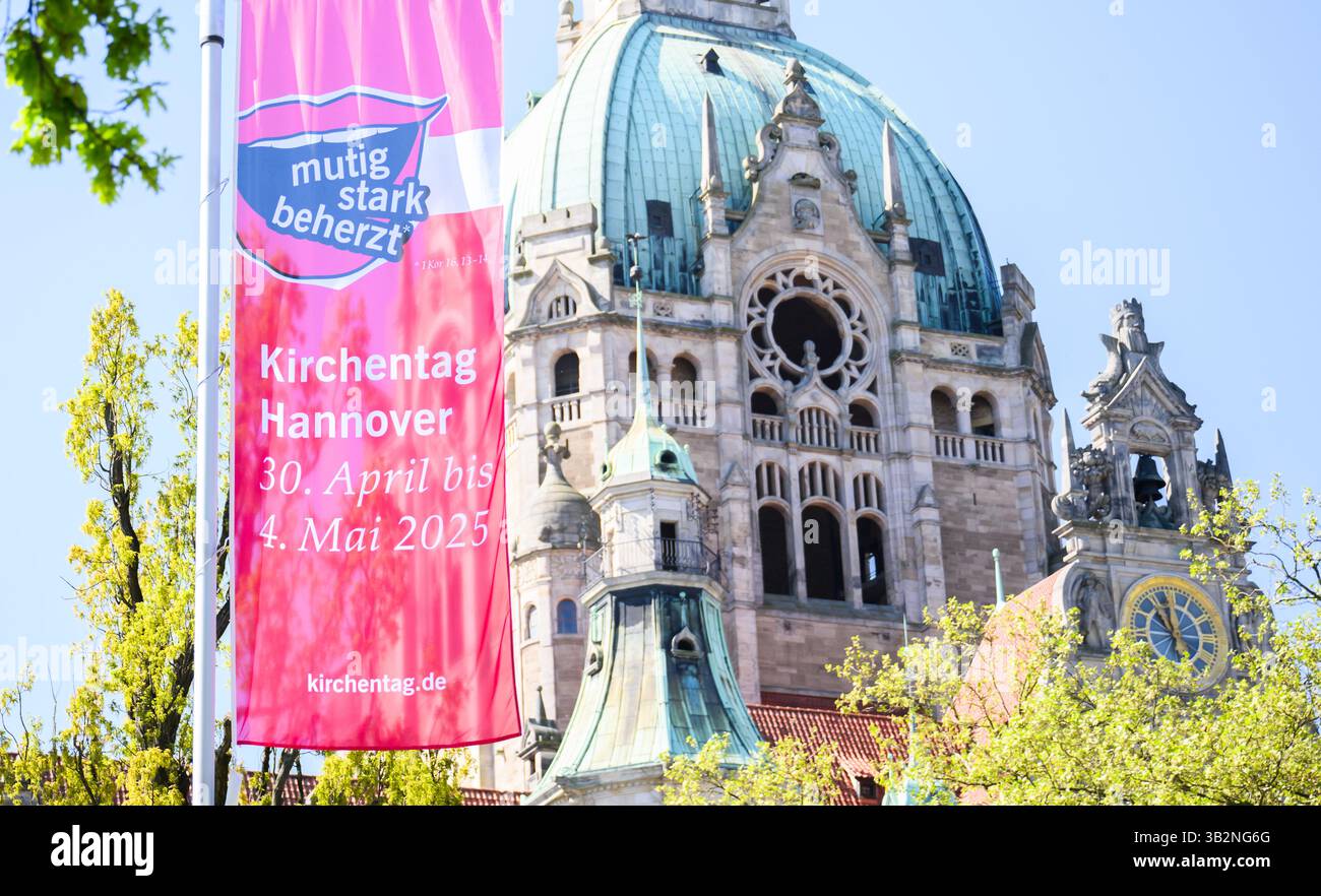 28 April 2025, Lower Saxony, Hanover: Church Congress flags hanging on ...