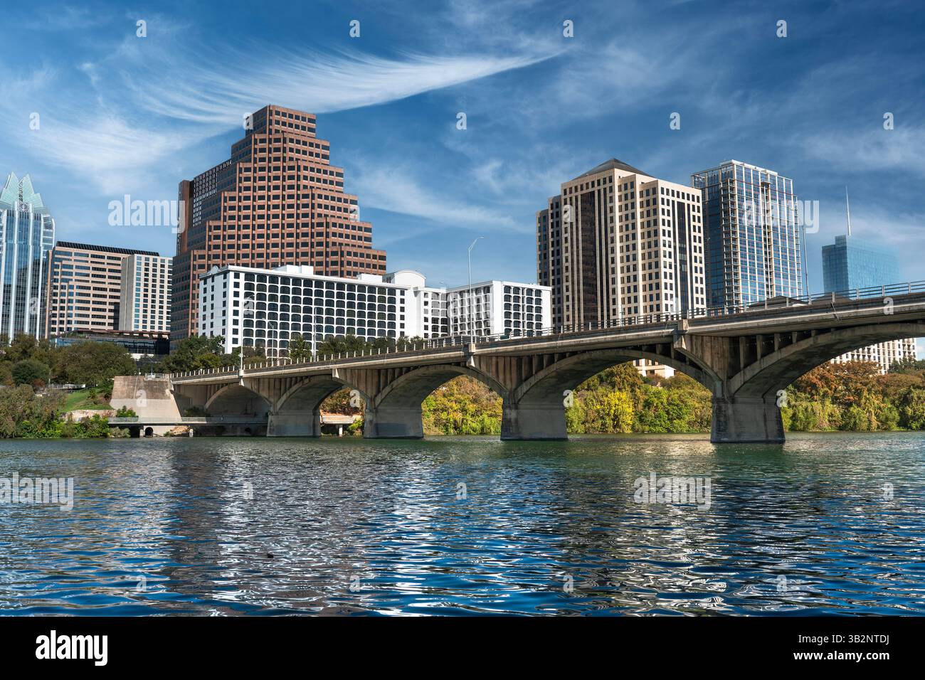 Austin Texas skyline over Colorado River and Congress Bridge Stock ...