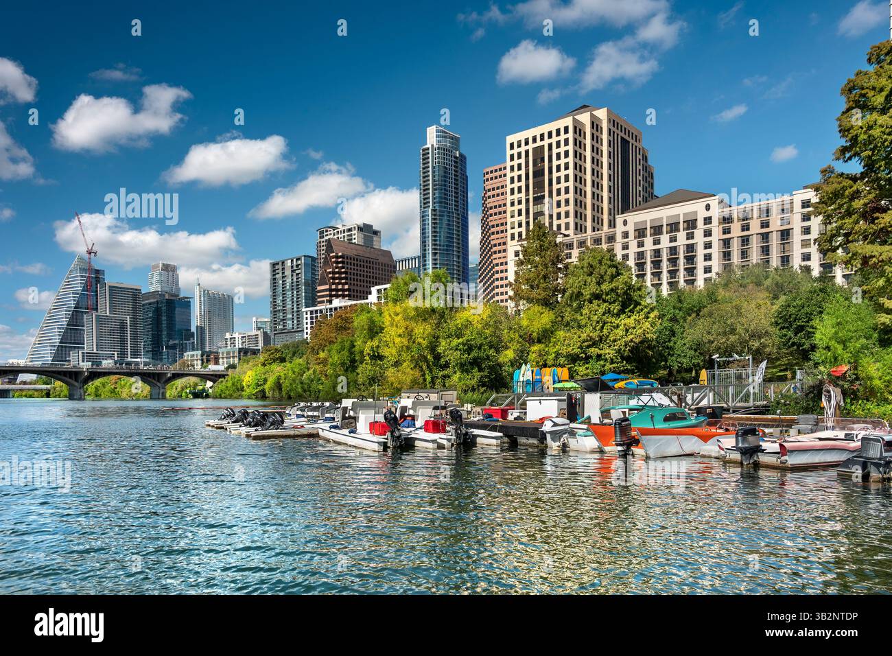 Austin Texas skyline over Colorado River and Congress Bridge Stock ...