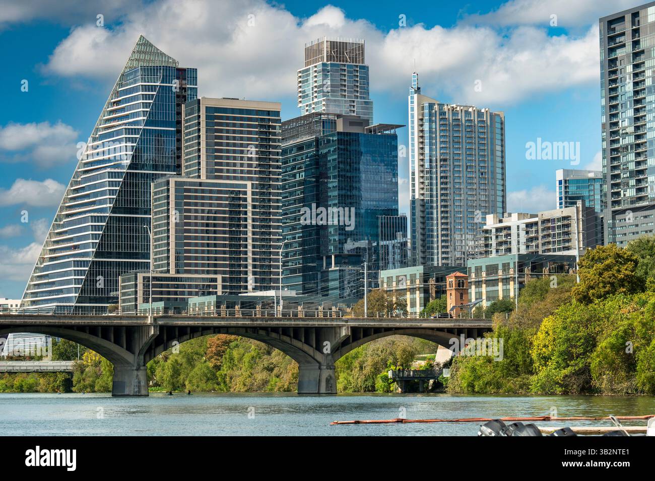 Austin Texas skyline over Colorado River and Congress Bridge Stock ...