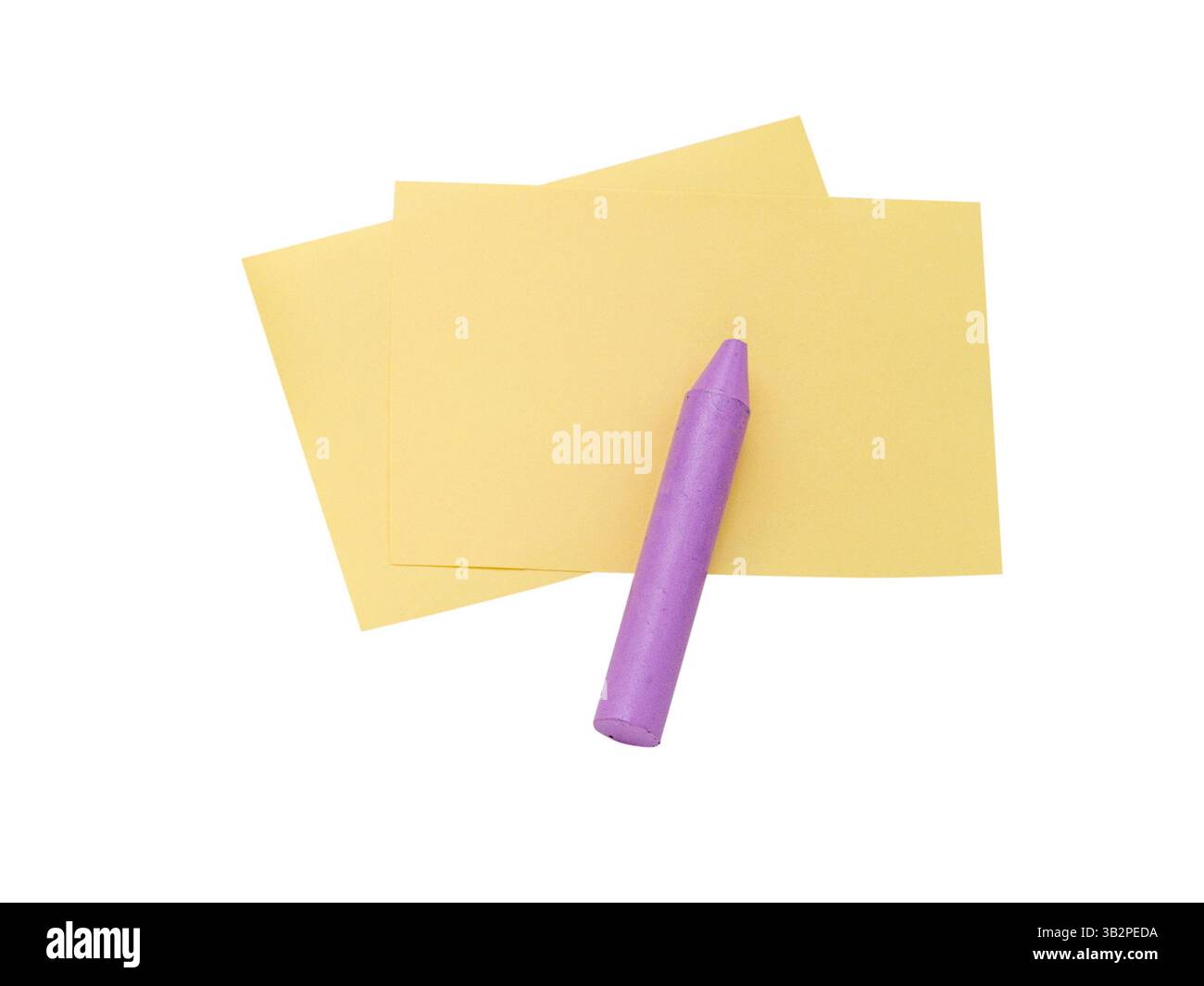 Two rectangular yellow paper sticky notes and a purple chalk pencil ...