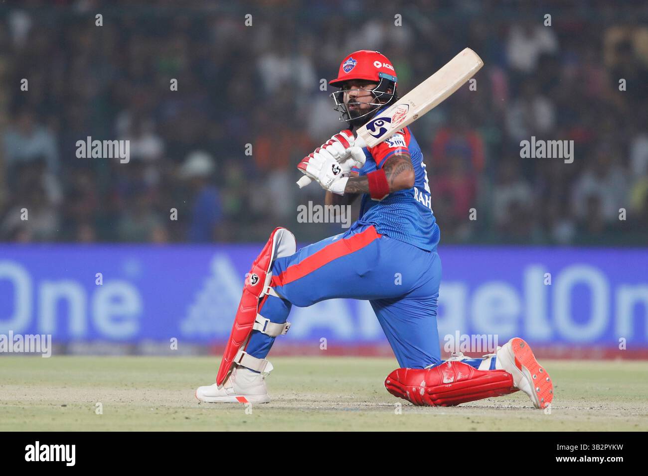DELHI, INDIA - APRIL 27: KL Rahul of Delhi Capitals play shots during the 2025 IPL match between ...