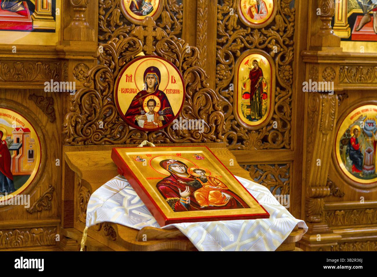 Interior of an orthodox church with altar in the background Stock Photo ...